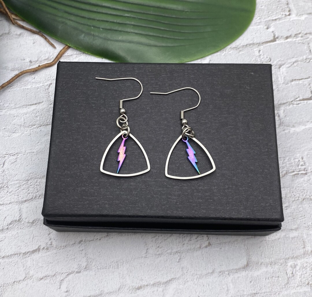 LIGHTNING EARRINGS All Stainless Steel - Geometric Triangles Small Lightning Bolts Electroplated ...