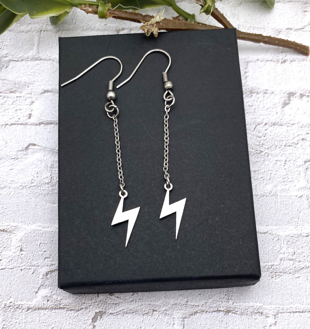 STAINLESS STEEL Small LIGHTNING Bolt Earrings on Chain, Posts or Hooks ...