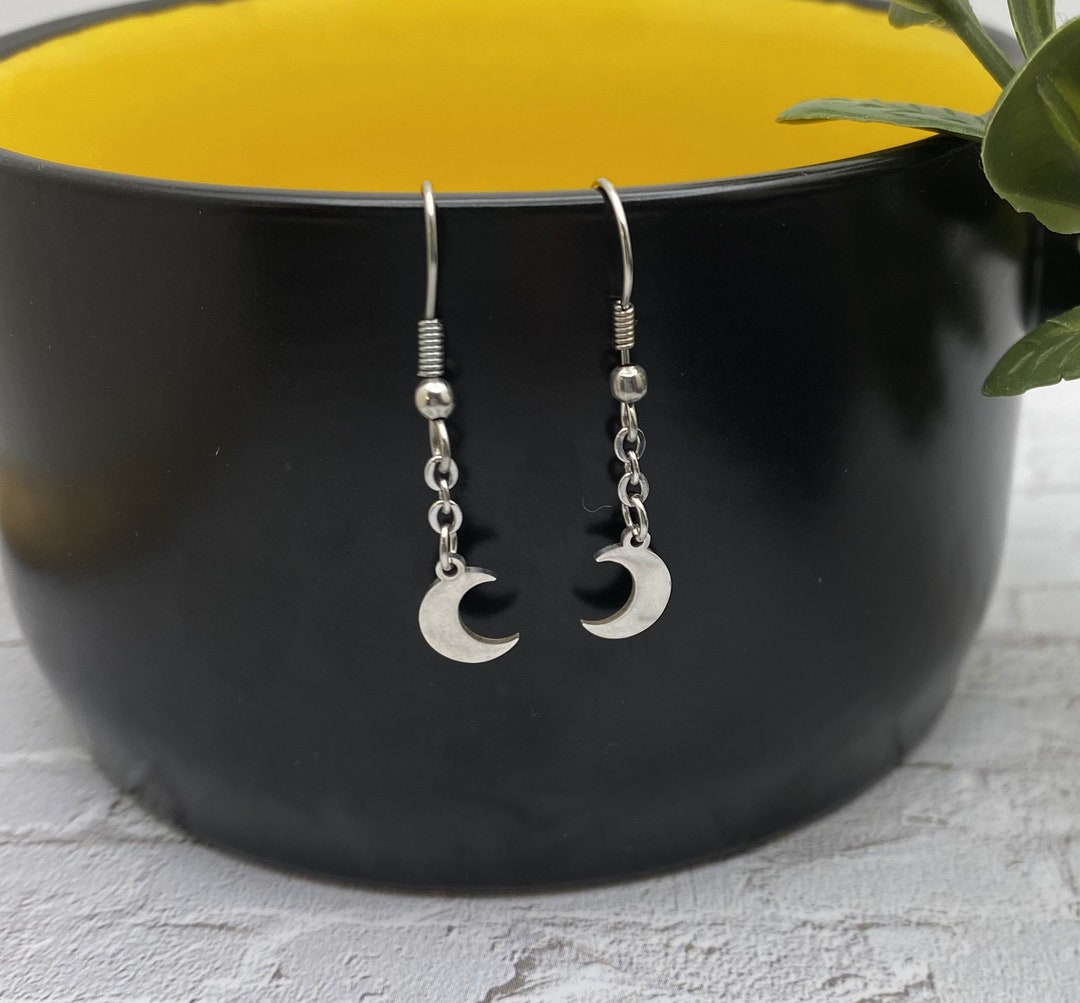 Stainless Steel Tiny MOON EARRINGS on Chain Choose Stainless Steel Hooks or Posts - Etsy