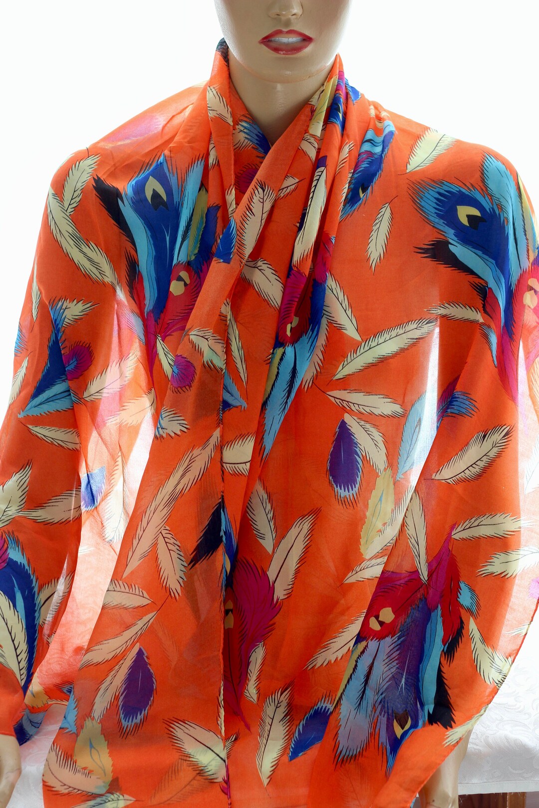 Orange Feather Pareo Shawl - Summer Scarf - Woman Scarves - Woman Gift ...