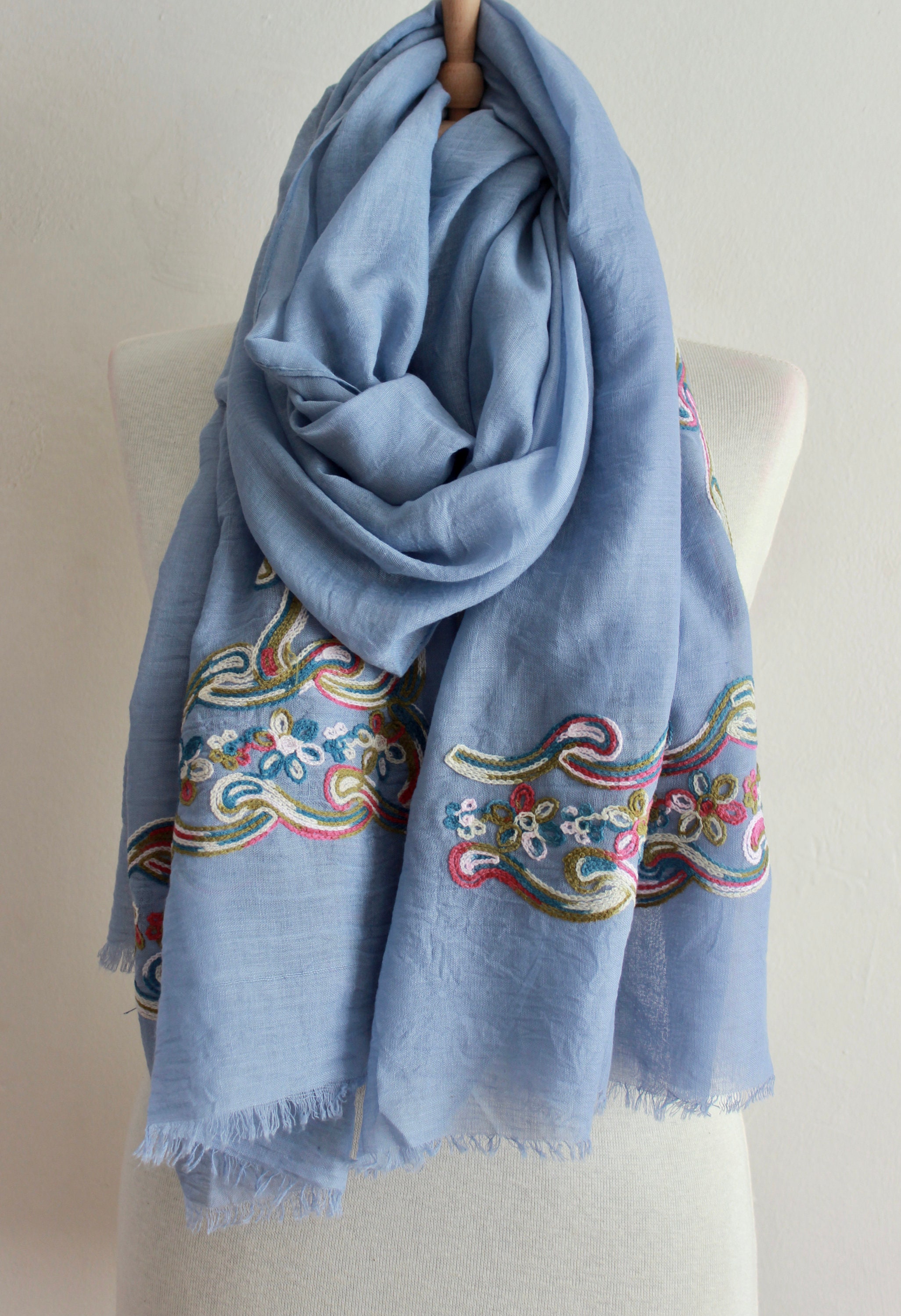 Floral Embroidered Blue Cotton Shawl – Large Boho Scarf Wrap - Etsy
