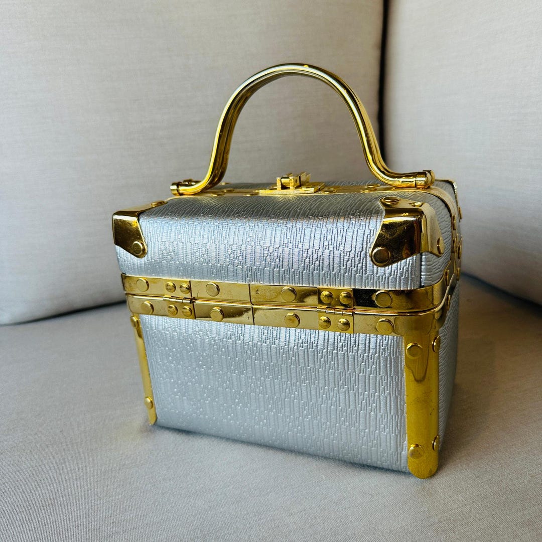 Vintage 1960's Silver Metallic Art Deco Train Case Box Purse Gold ...