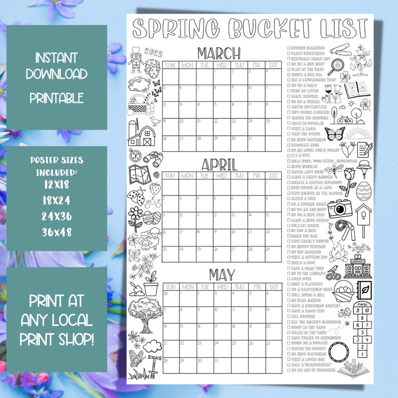 2024 Spring Bucket List of Activities Coloring Poster Kids Spring ...