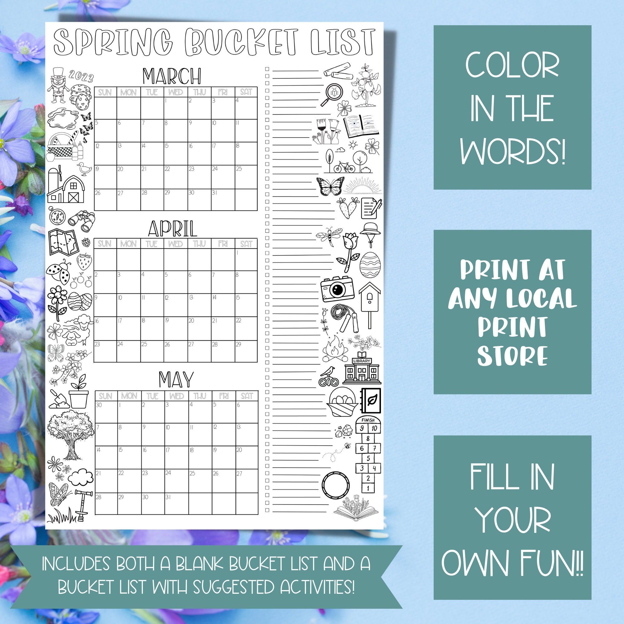 2024 Spring Bucket List Coloring Calendar Spring Family Activities ...