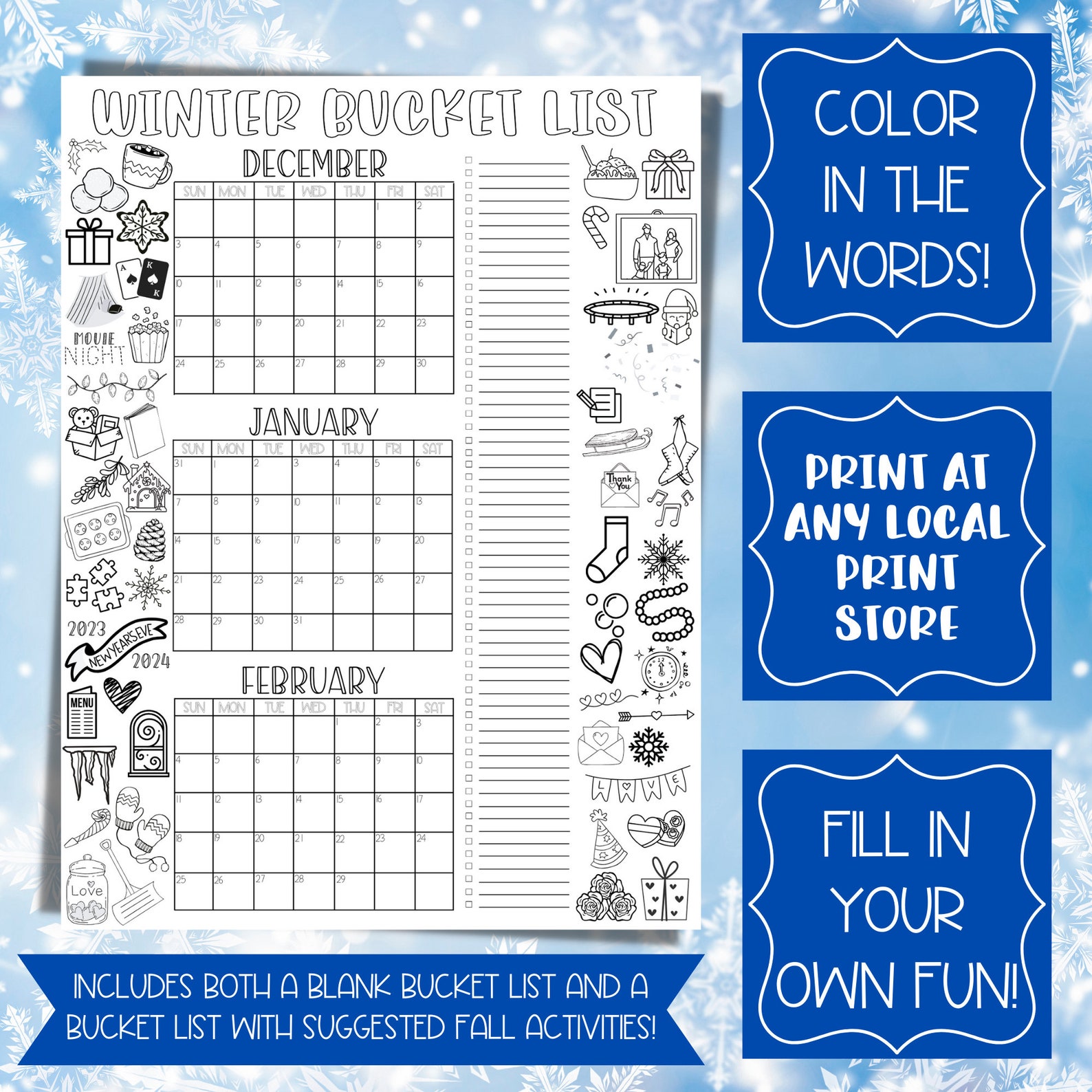 2024-25 Winter Bucket List Coloring Poster Family Fun to Do List ...