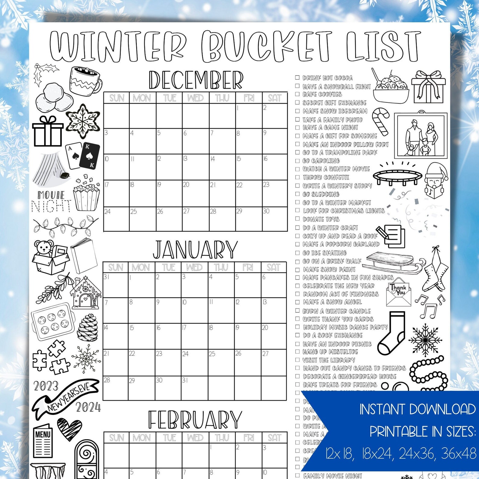 2024-25 Winter Bucket List Coloring Poster Family Fun to Do List ...