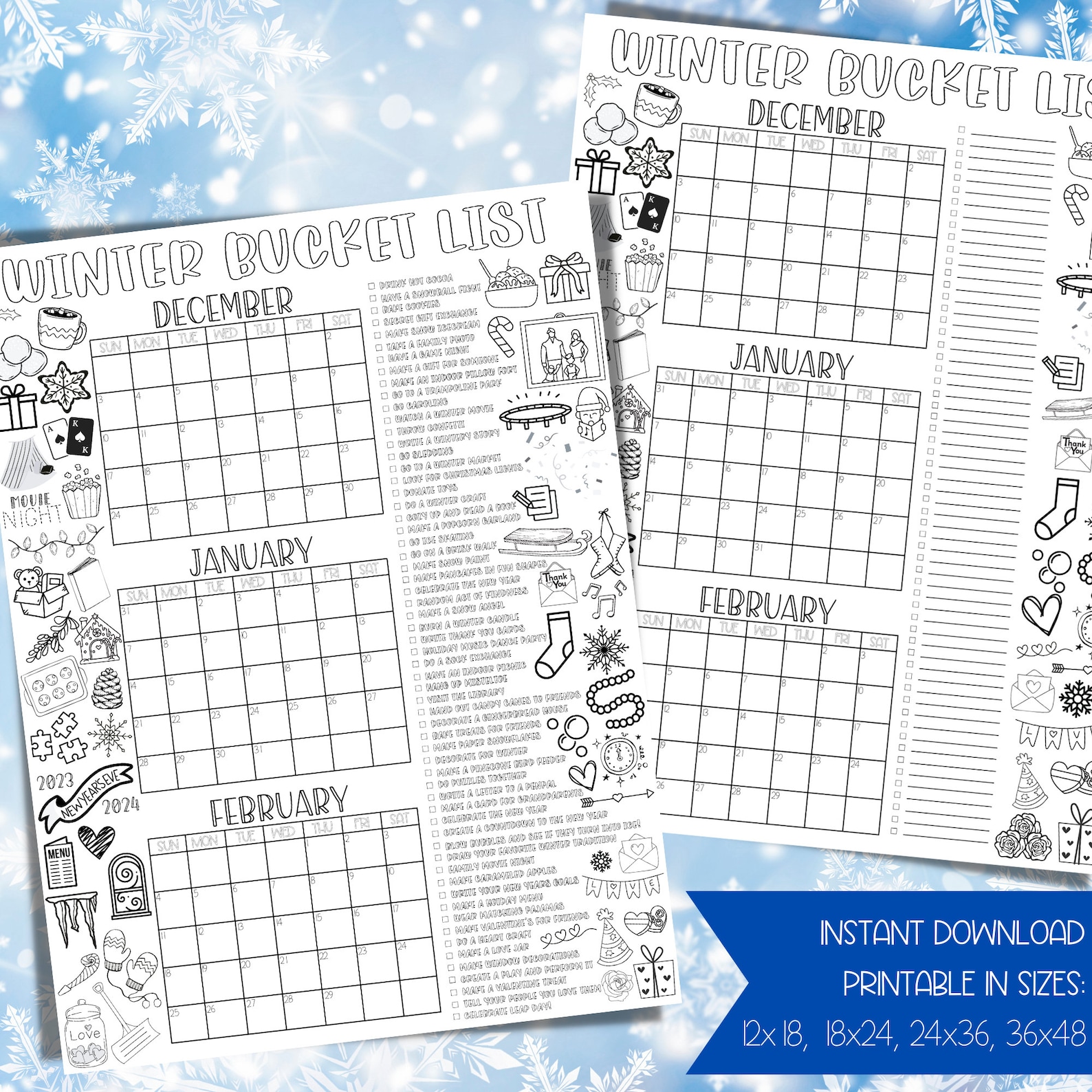 2024-25 Winter Bucket List Coloring Poster Family Fun to Do List ...