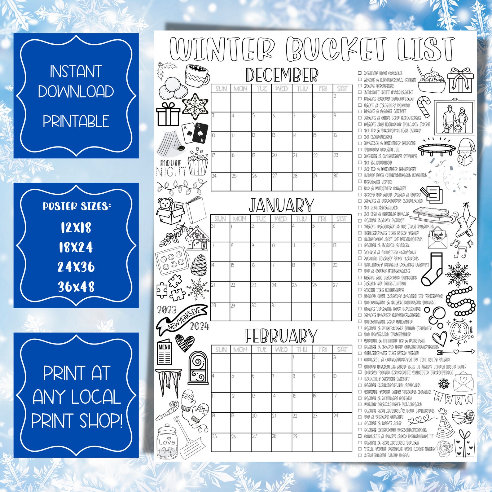 2024-25 Winter Bucket List Coloring Poster Family Fun to Do List ...