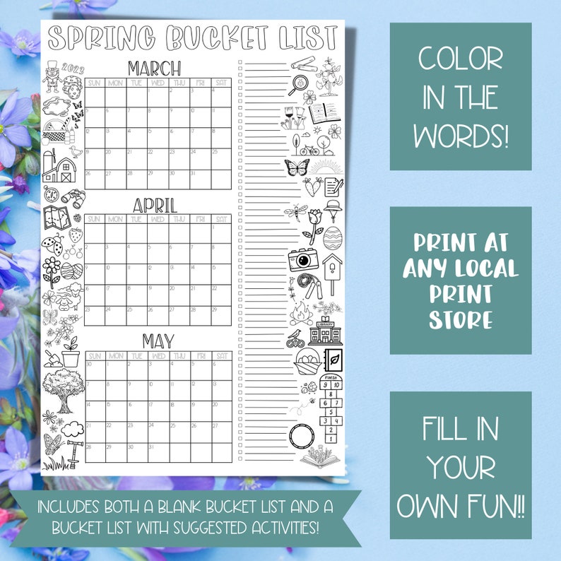 2024 Spring Bucket List of Activities Coloring Poster Kids Spring ...