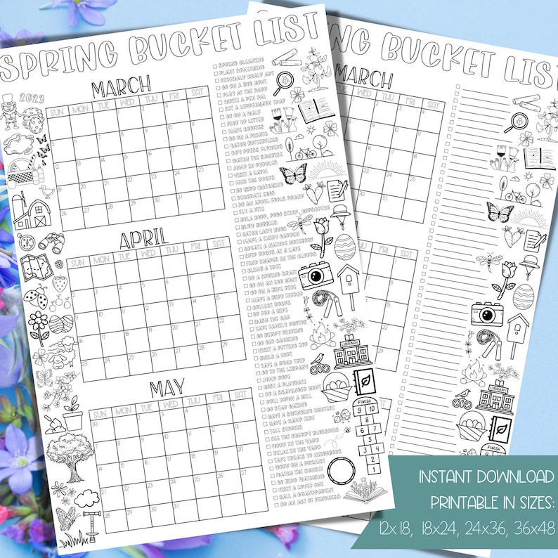 2024 Spring Bucket List of Activities Coloring Poster Kids Spring ...