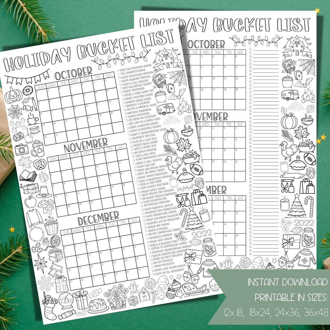 Holiday Season Bucket List Coloring Poster Family Fun to Do List Fall ...