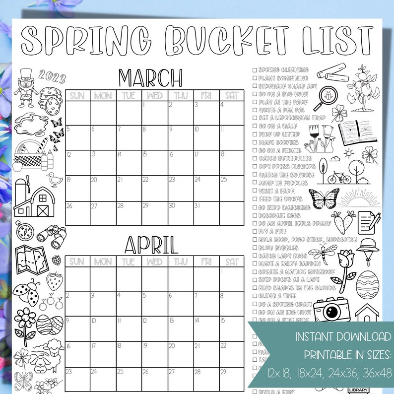 2024 Spring Bucket List of Activities Coloring Poster Kids Spring ...