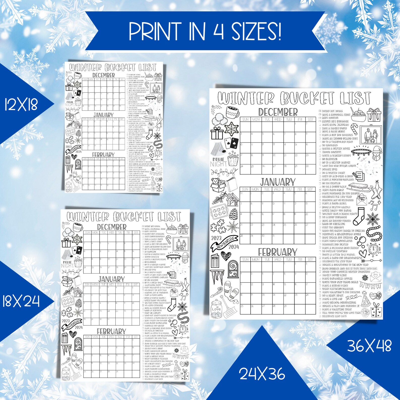 2024-25 Winter Bucket List Coloring Poster Family Fun to Do List ...