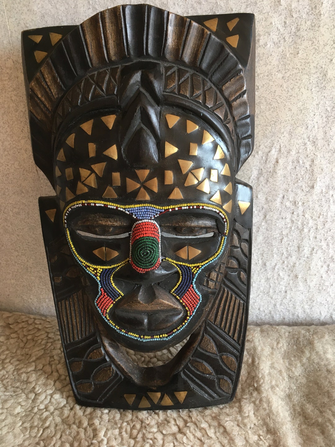 Hand Carved African Mask Nigeria Beaded Brass Inlaid - Etsy