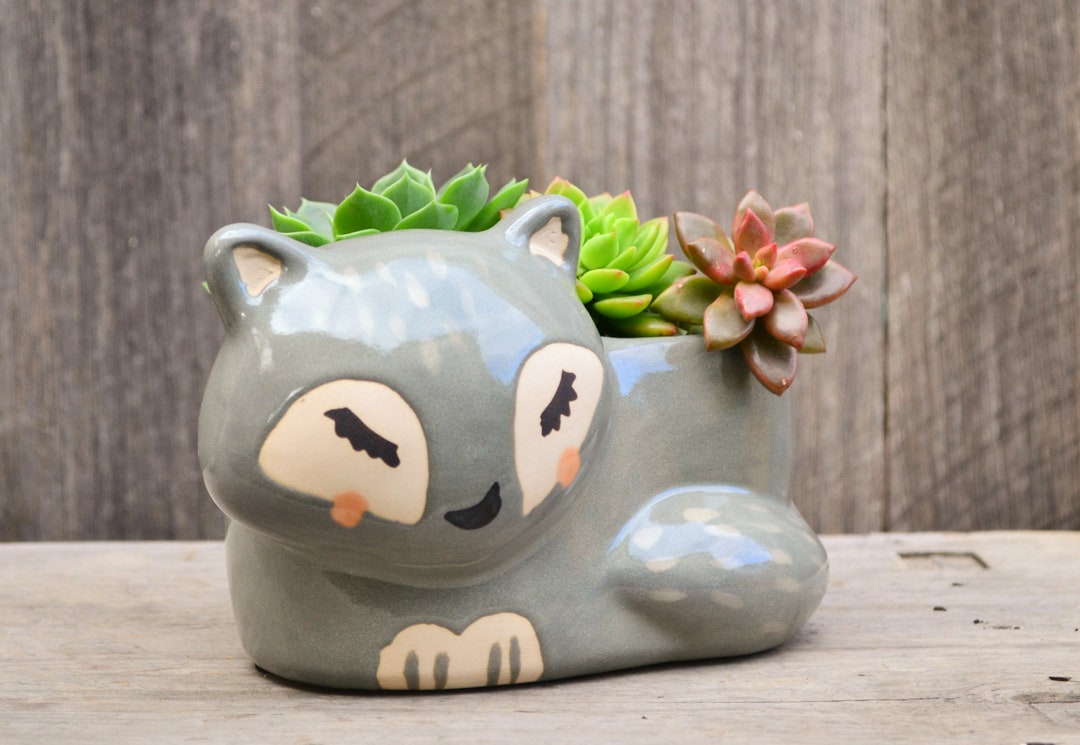 Ceramic Earthenware Grey 'simba' Cat Planter - Etsy