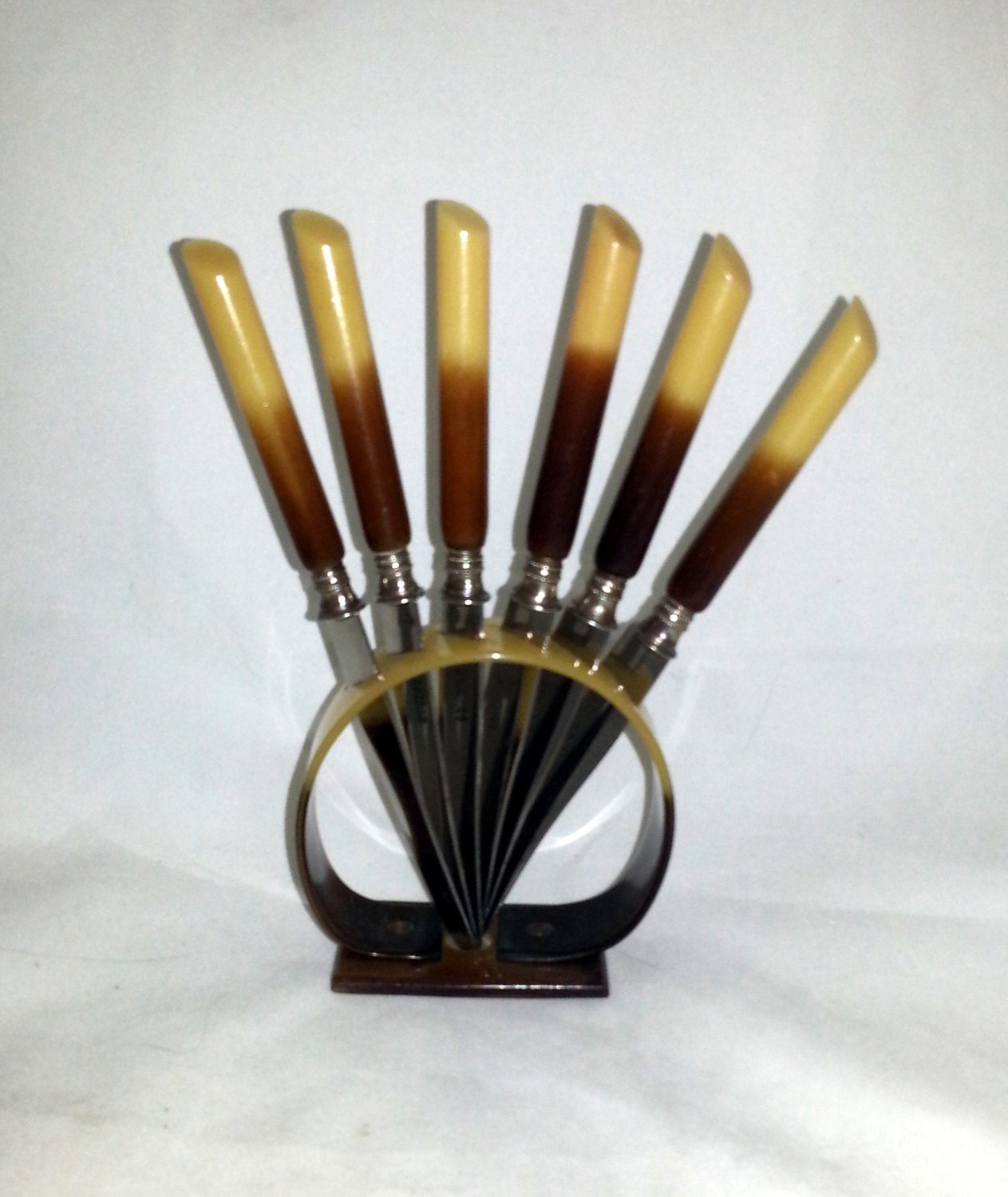 Mottled Bakelite Knifes and Stand in Brown and Light Yellow by - Etsy