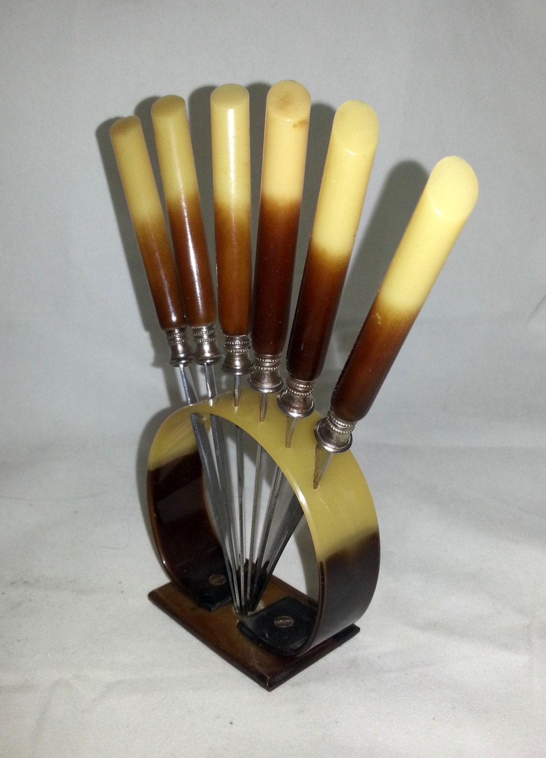 Mottled Bakelite Knifes and Stand in Brown and Light Yellow by - Etsy