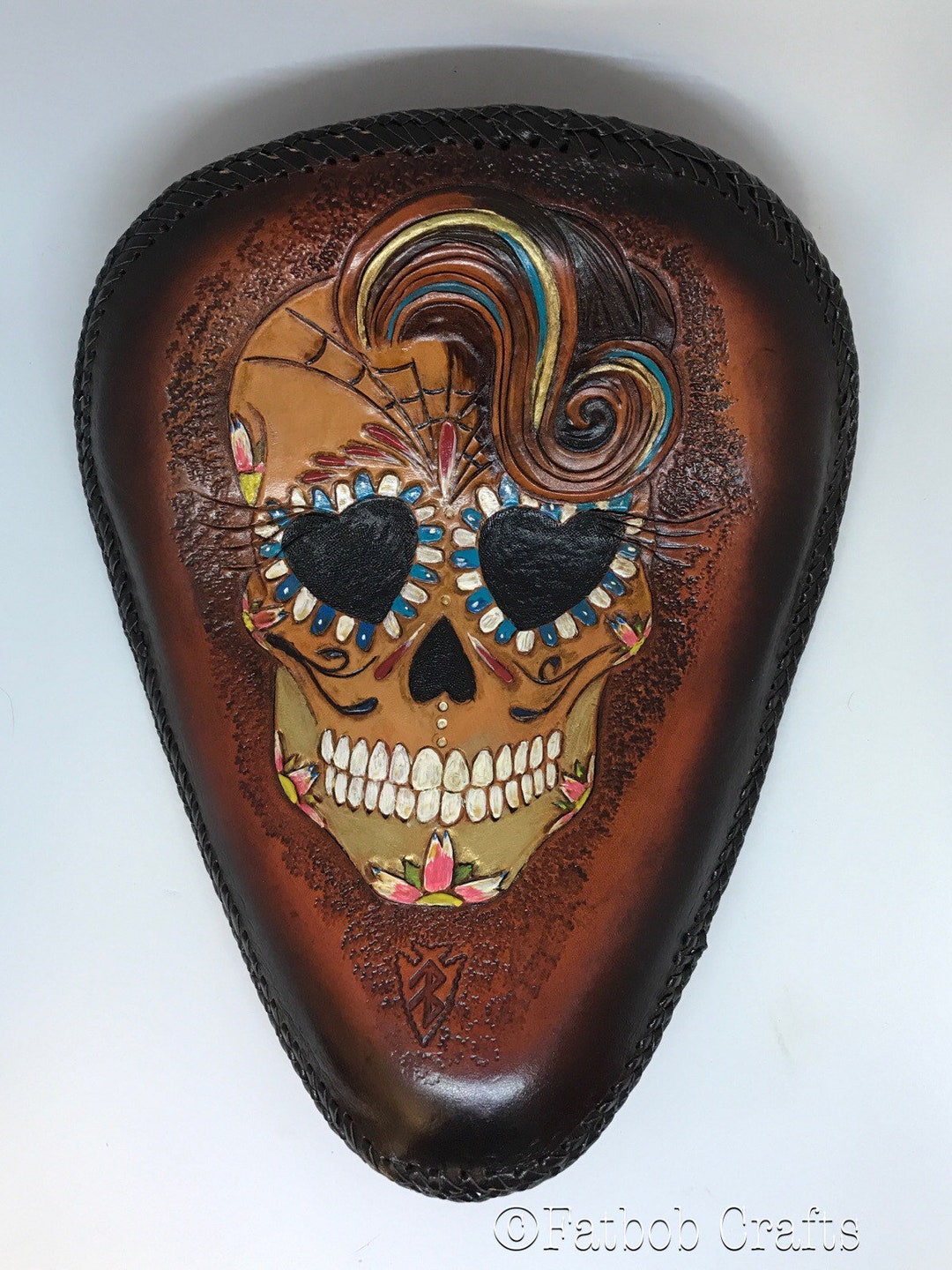 Handcrafted Leather Custom Motorcycle Saddle With a Sugar Skull Design ...