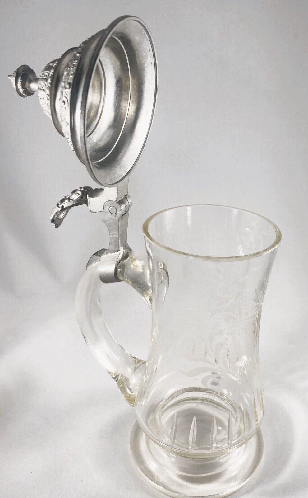 Crystal Beer Stein With Etchings and Cut-glass Decor, Hinged Lid, T. M ...