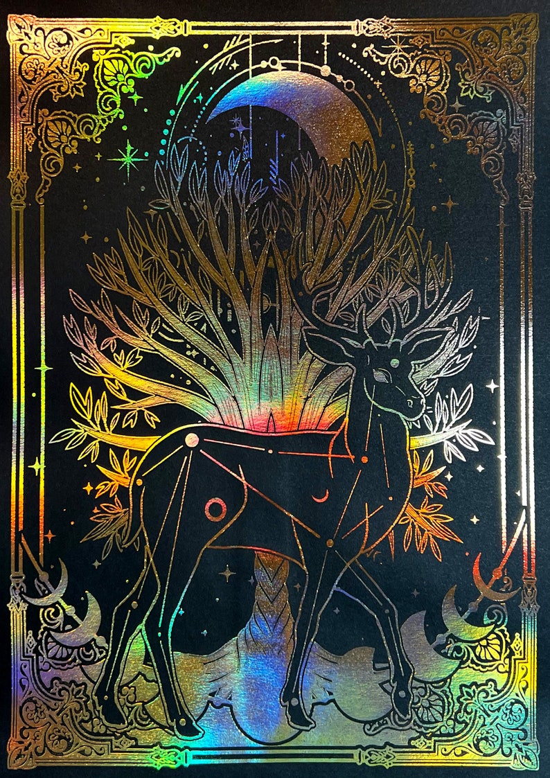 Celestial Deer Life Tree Foil Art Print Holographic Art - Etsy