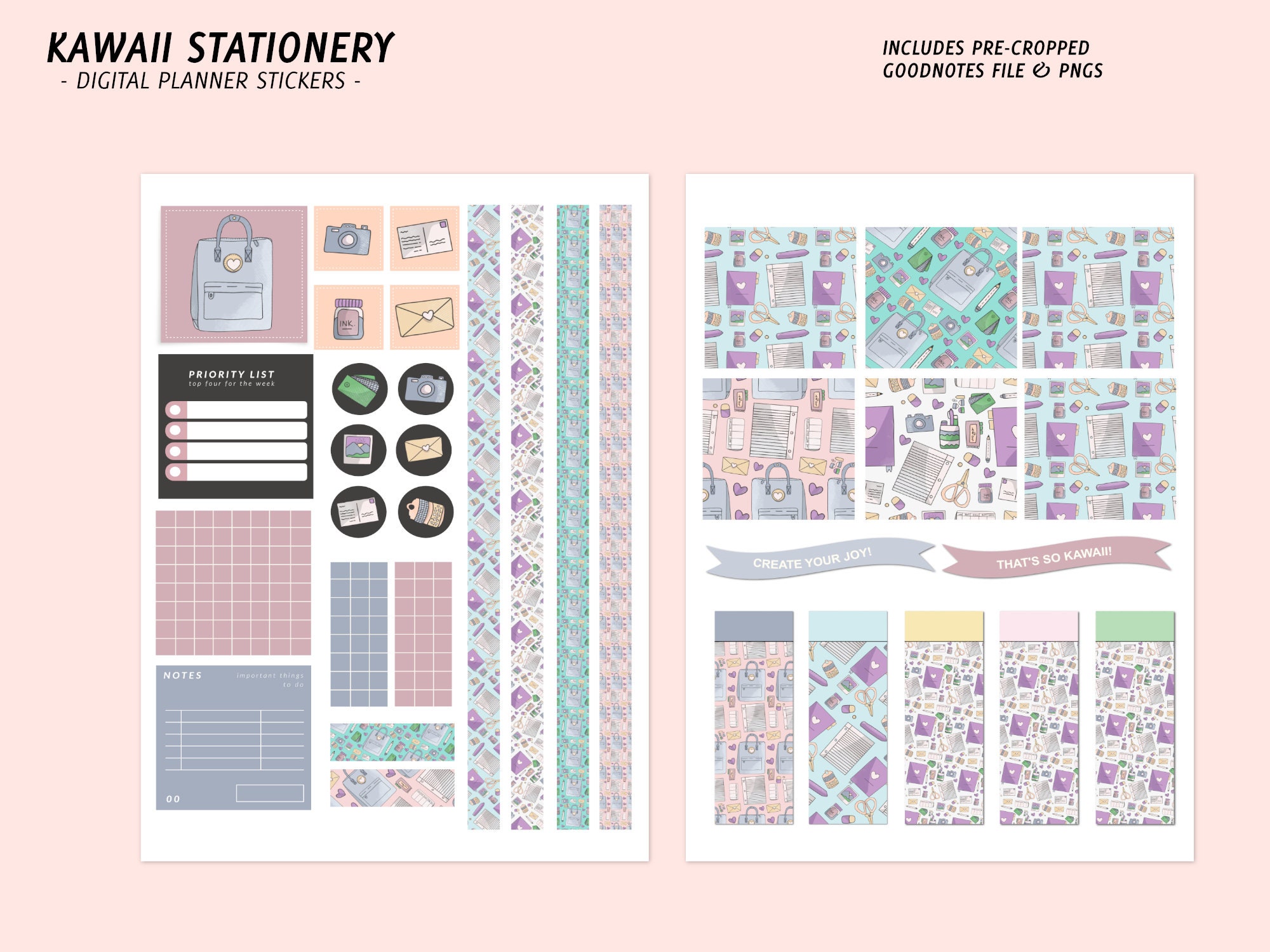 Kawaii Stationery Digital Planner Sticker Pack for iPad Planner ...