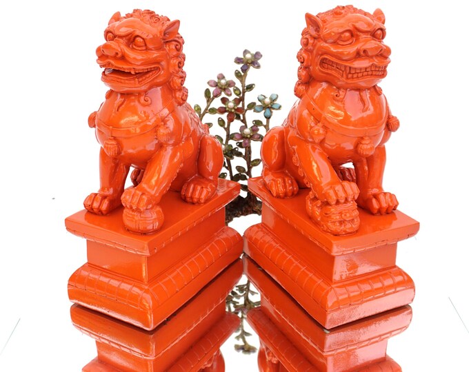 8 Orange Foo Dog Statues Pair of Male & Female Guardian Lions Modern ...
