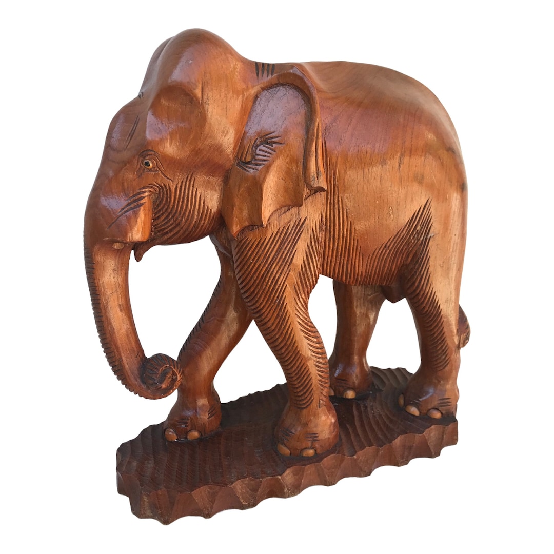 Vintage LARGE Solid Teak Wood Elephant Statue Hand Carved Wood African ...
