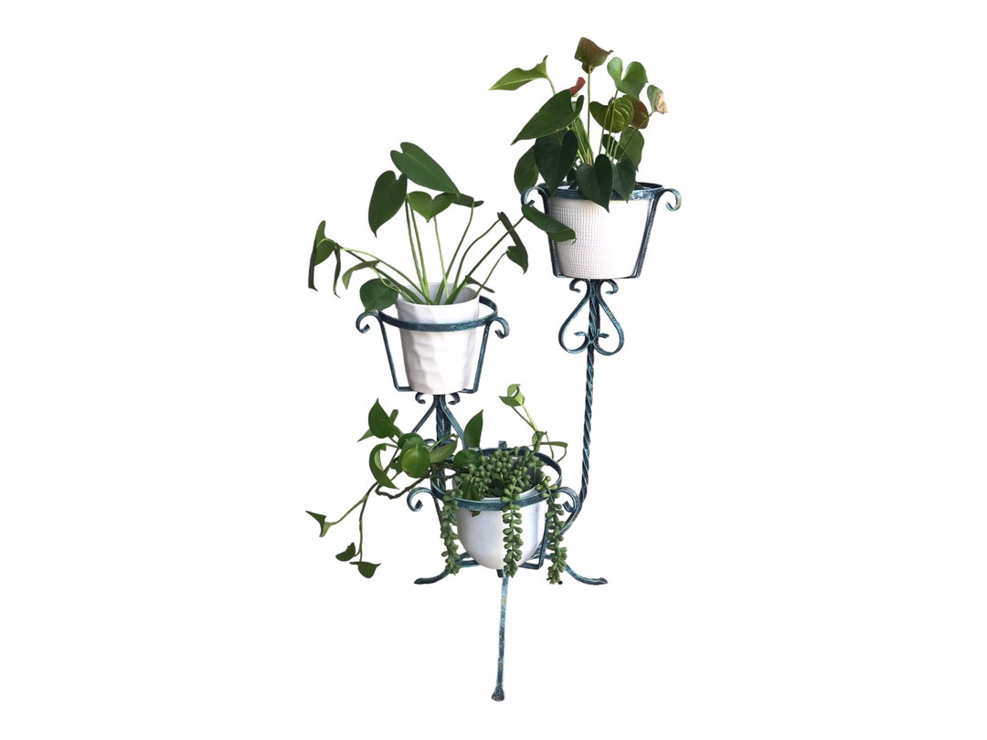 Vintage 3-pot Wrought Iron Plant Stand Turquoise Gold Verdigris Finish ...
