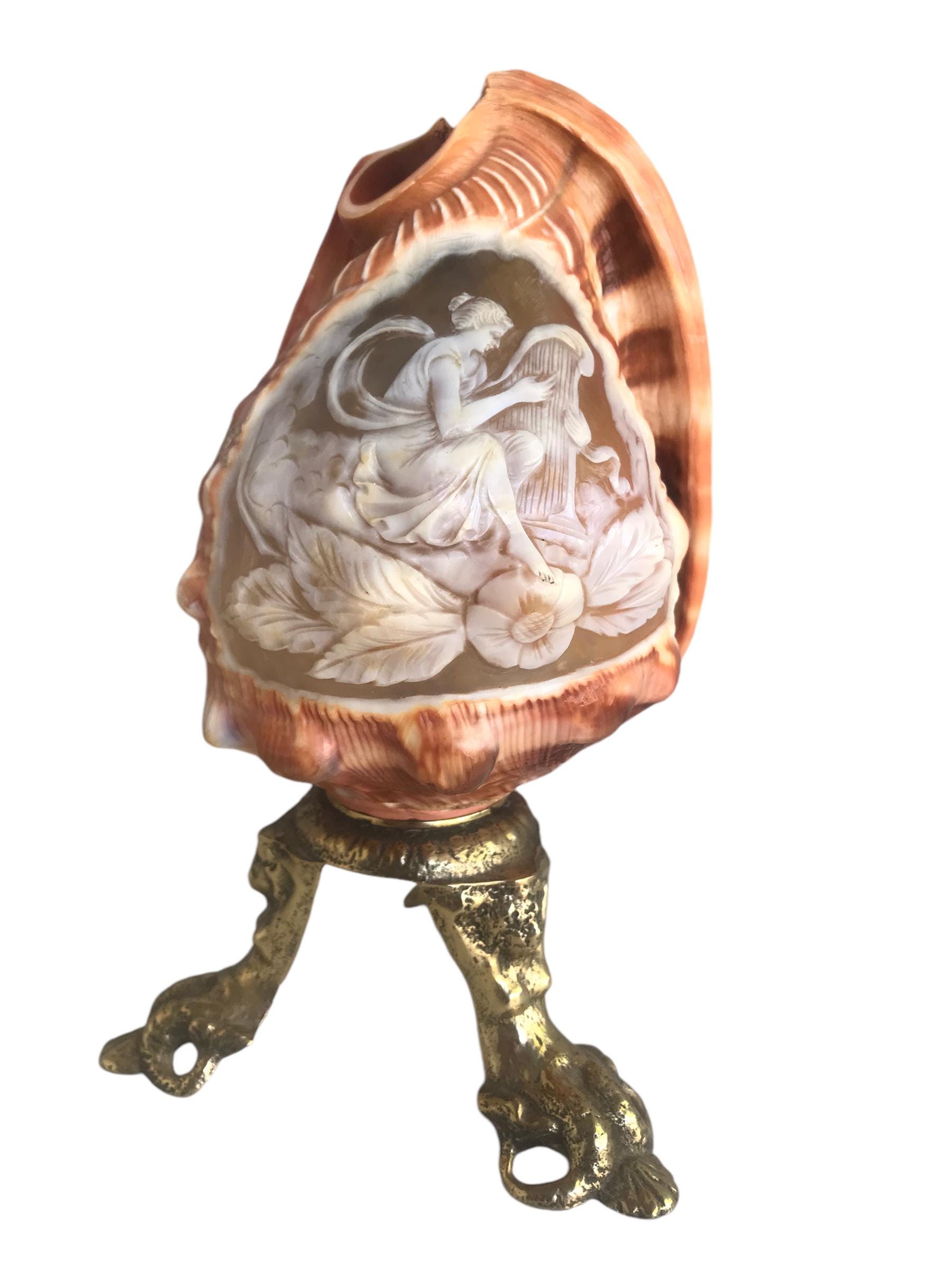 Gorgeous Antique Carved Cameo Shell Lamp | Brass Mermaid Base | Genuine ...