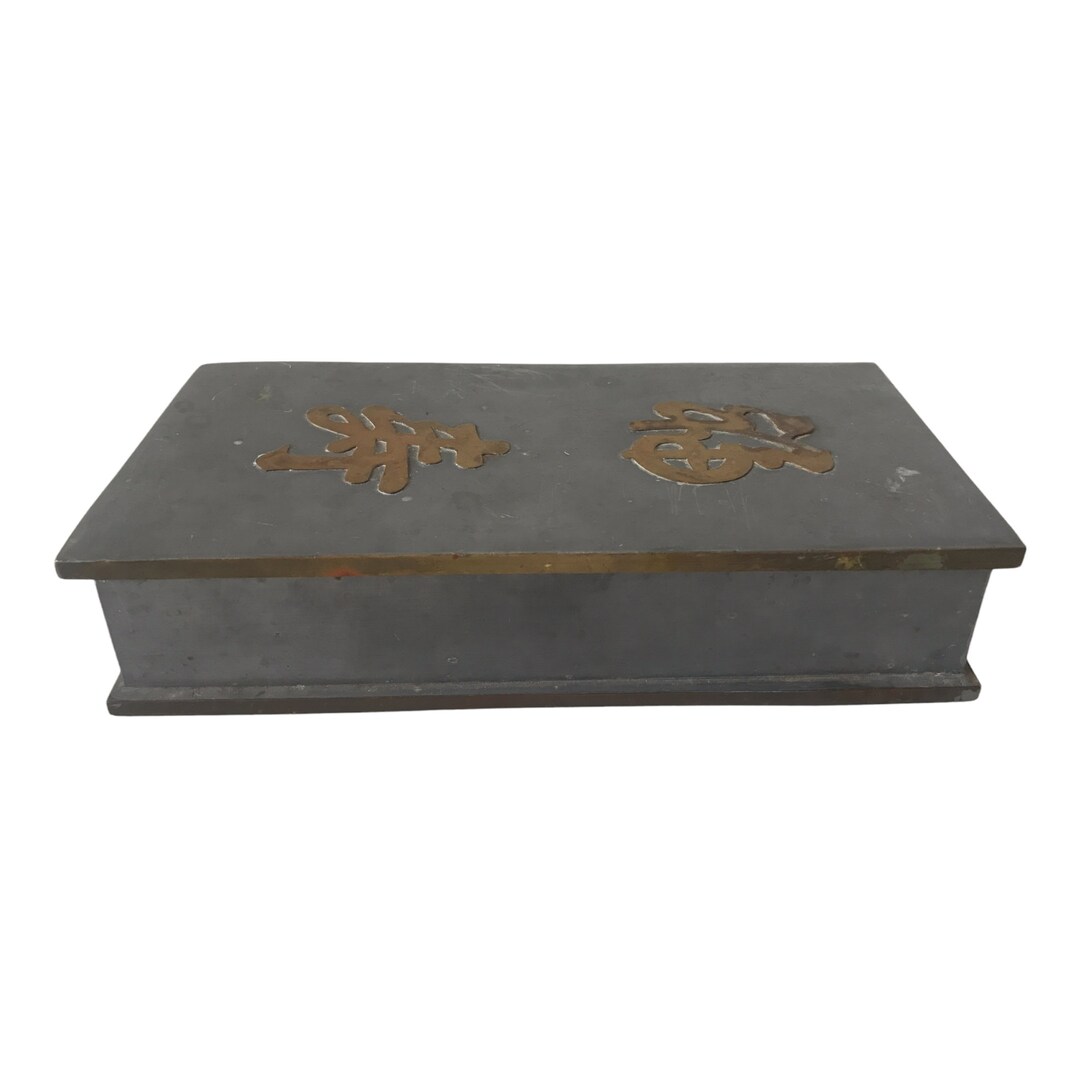 Vintage Pewter & Brass Lidded Box Chinese Characters Symbols Made in ...