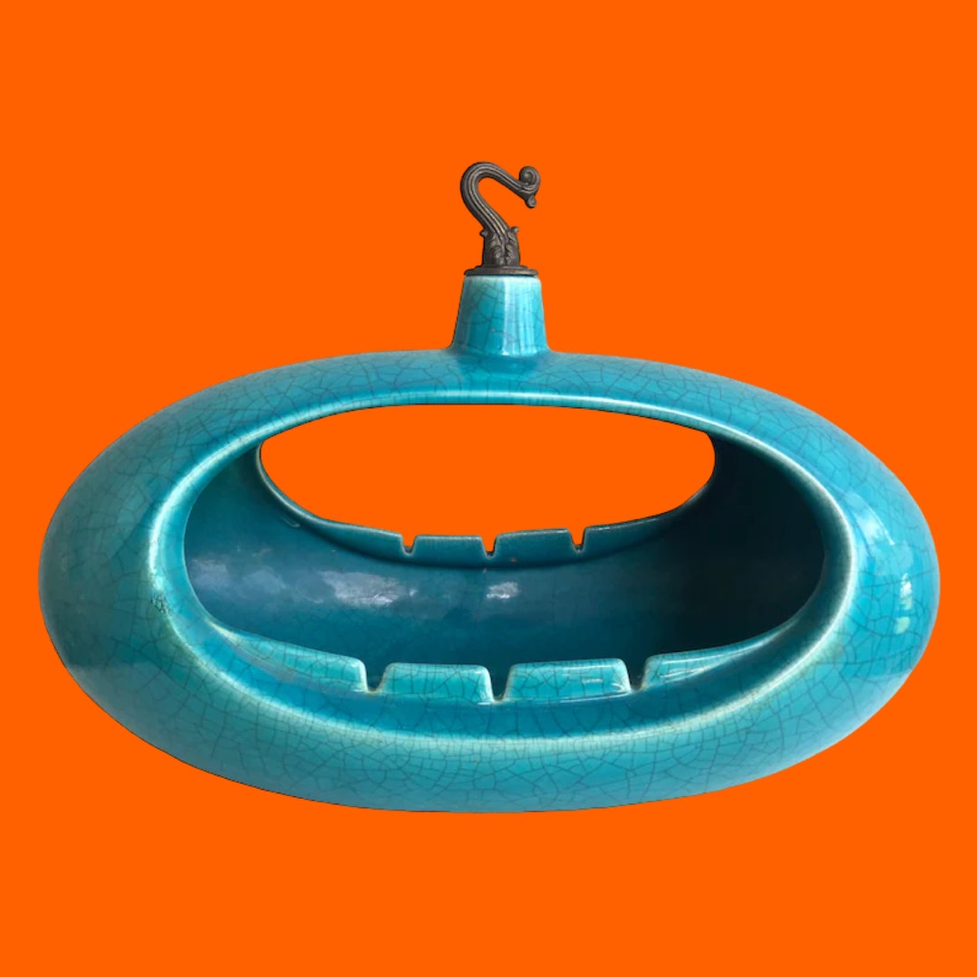 RARE XL Vintage MCM Hanging Atomic Era Turquoise Ceramic Ashtray ...
