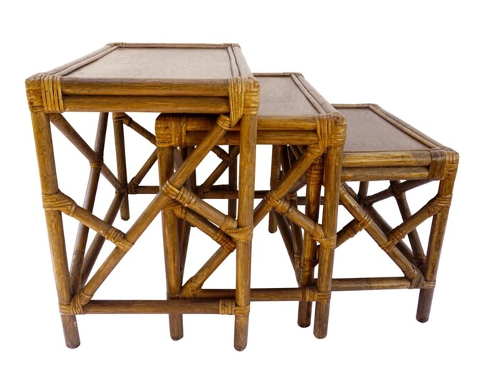 Mid-century Rattan Nesting Side Tables X3 Rattan & Walnut Wood Fretwork ...