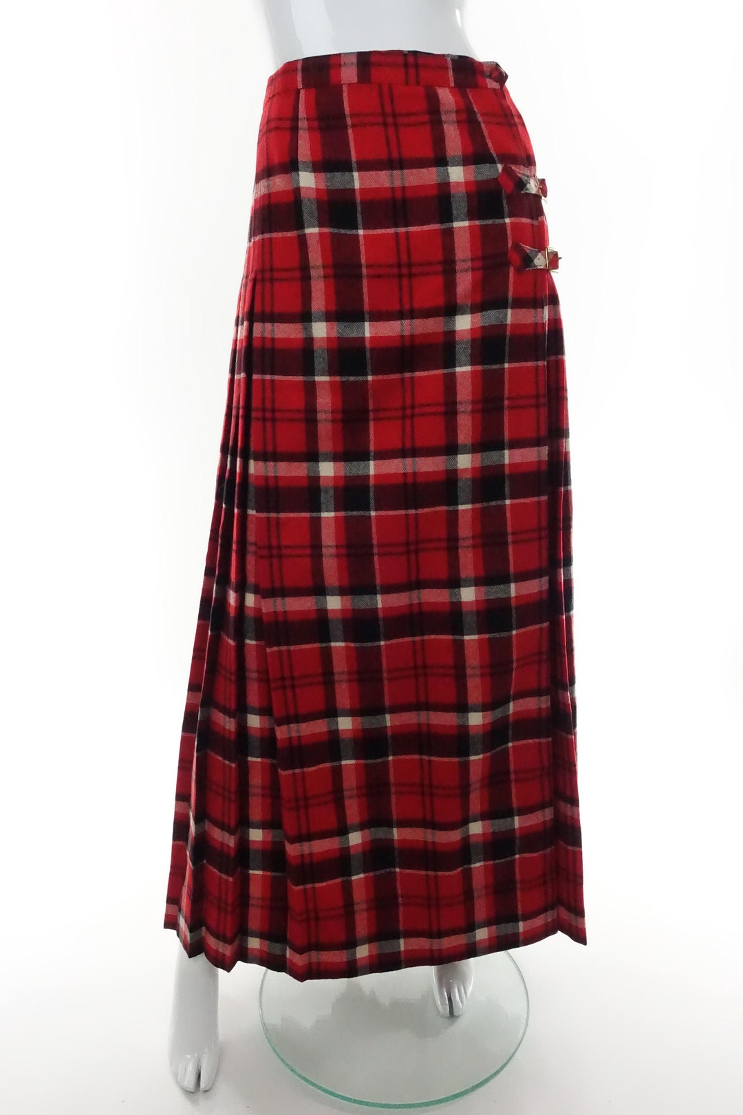 Vintage Highland Queen Wool Kilt Pleated Plaid Maxi Skirt Red Black ...