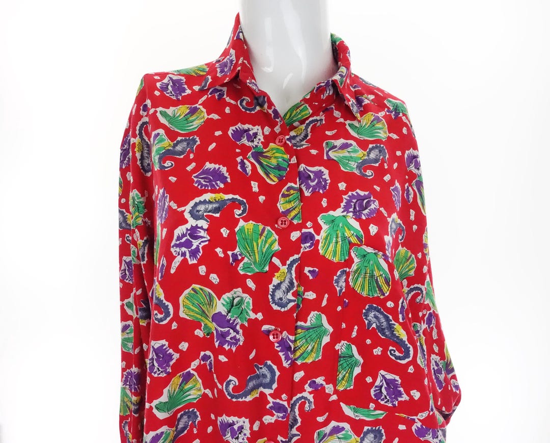 1980s Seahorse Print Shirt Red Rayon Button up Blouse Seashell Design ...