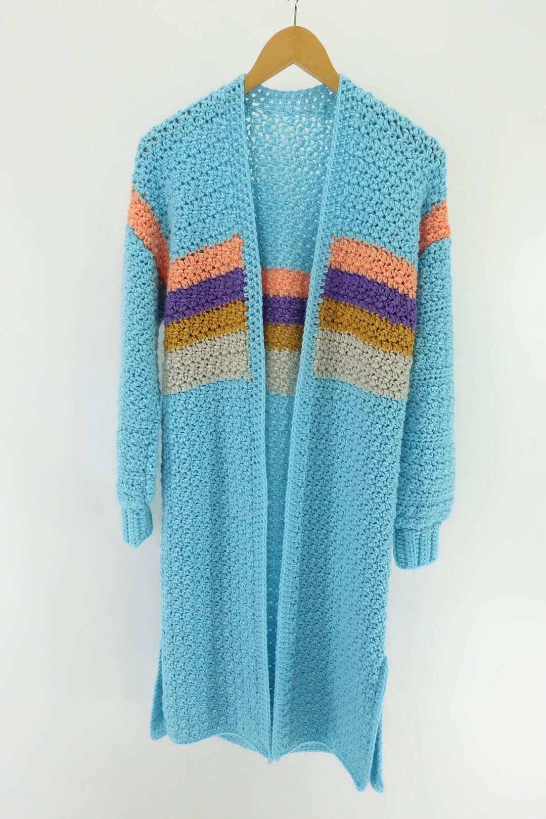 Vintage Color Block Crochet Cardigan Sweater Long Open Front Duster ...