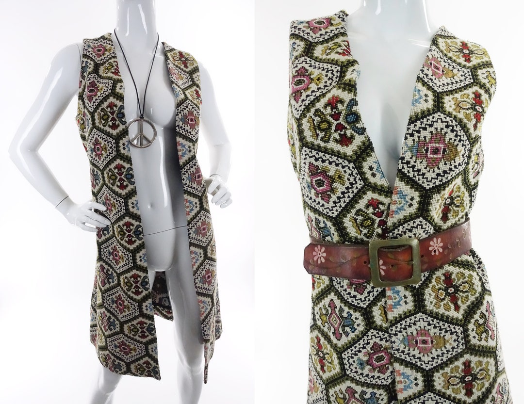 1960s Long Tapestry Vest Vintage Open Front Carpet Jacket 60s Boho ...
