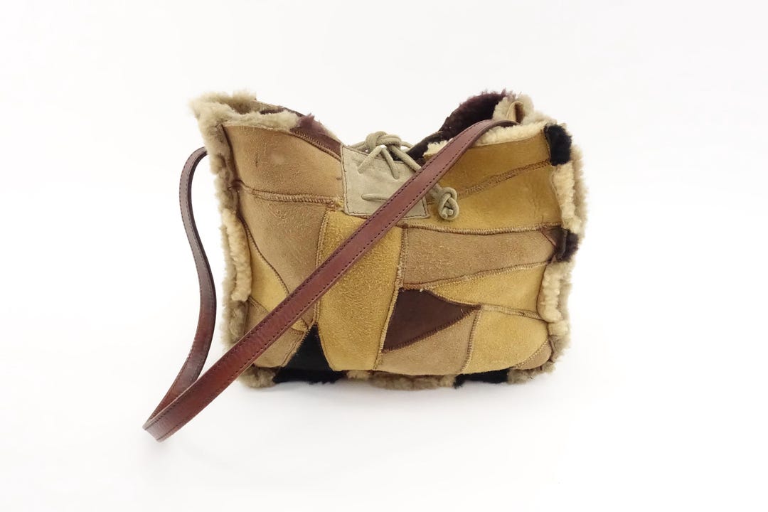 Vintage Suede Shearling Patchwork Bag 1970s Sheepskin Leather Purse ...