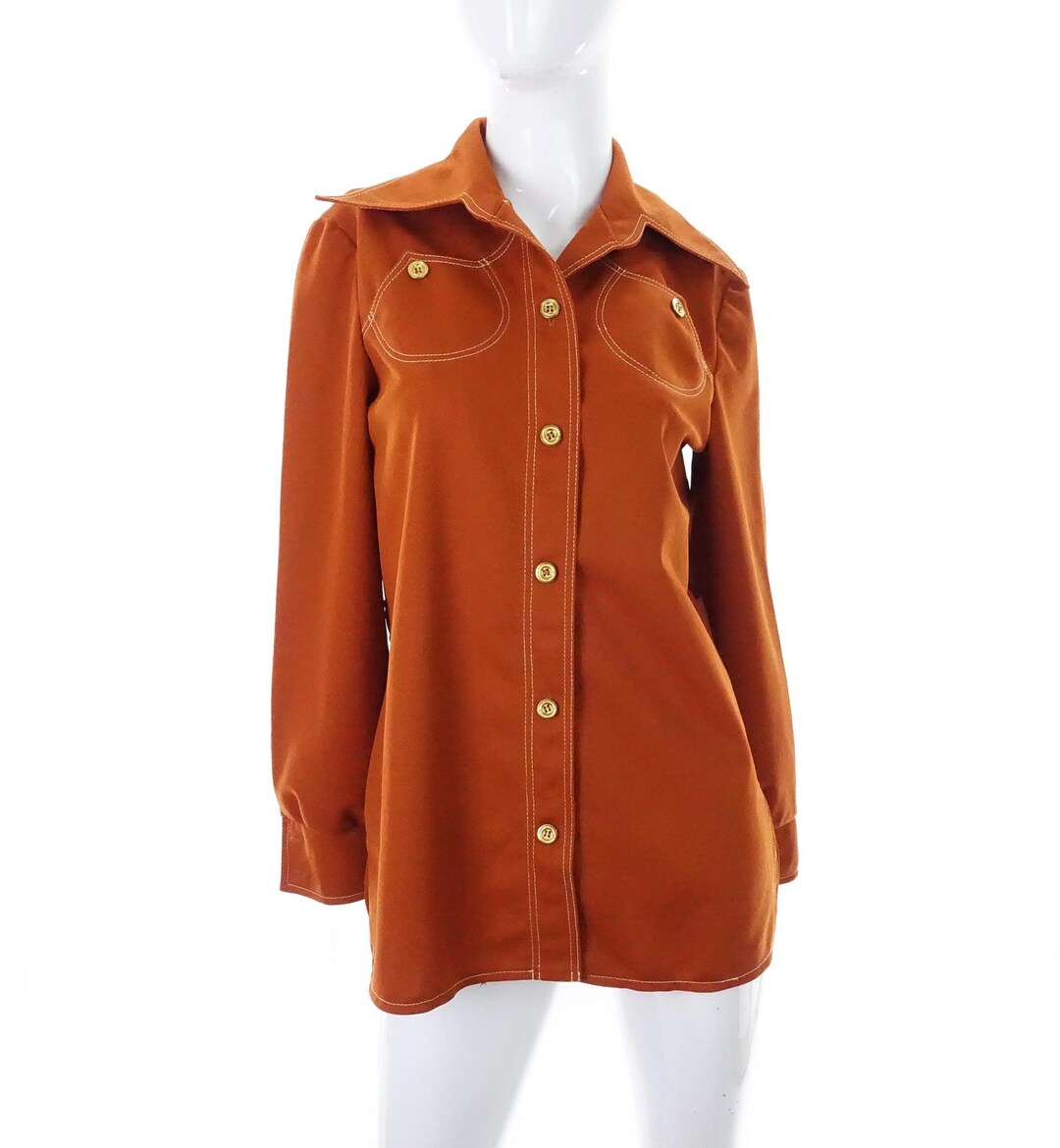 1970s Burnt Orange Button up Shirt Western Style Polyester Top by Joyce ...