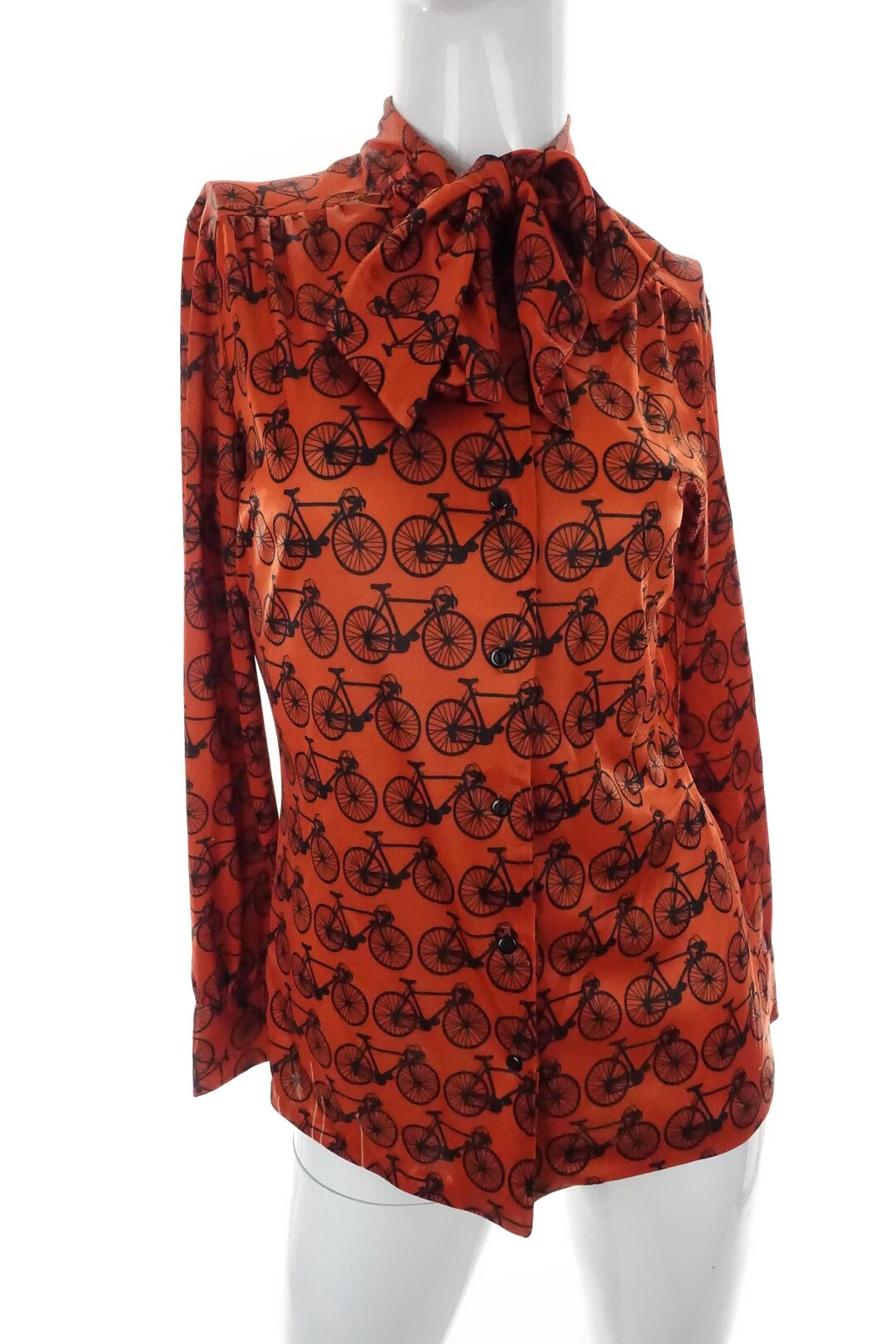 1970s Bicycle Print Pussy Bow Blouse 70s Tie Neck Top Vintage Tanjay Burnt Orange Shirt - Etsy