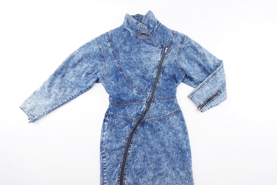 1980s Acid Wash Denim Dress Two Way Diagonal Zipper Front XS S - Etsy