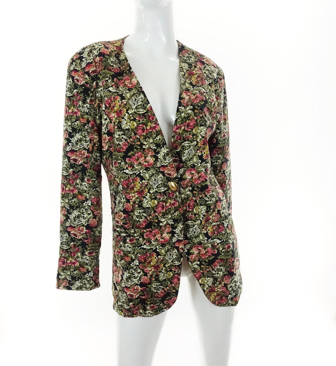 Vintage 90s Floral Blazer Rayon Scroll Flower Print Suit Jacket Size 4 ...