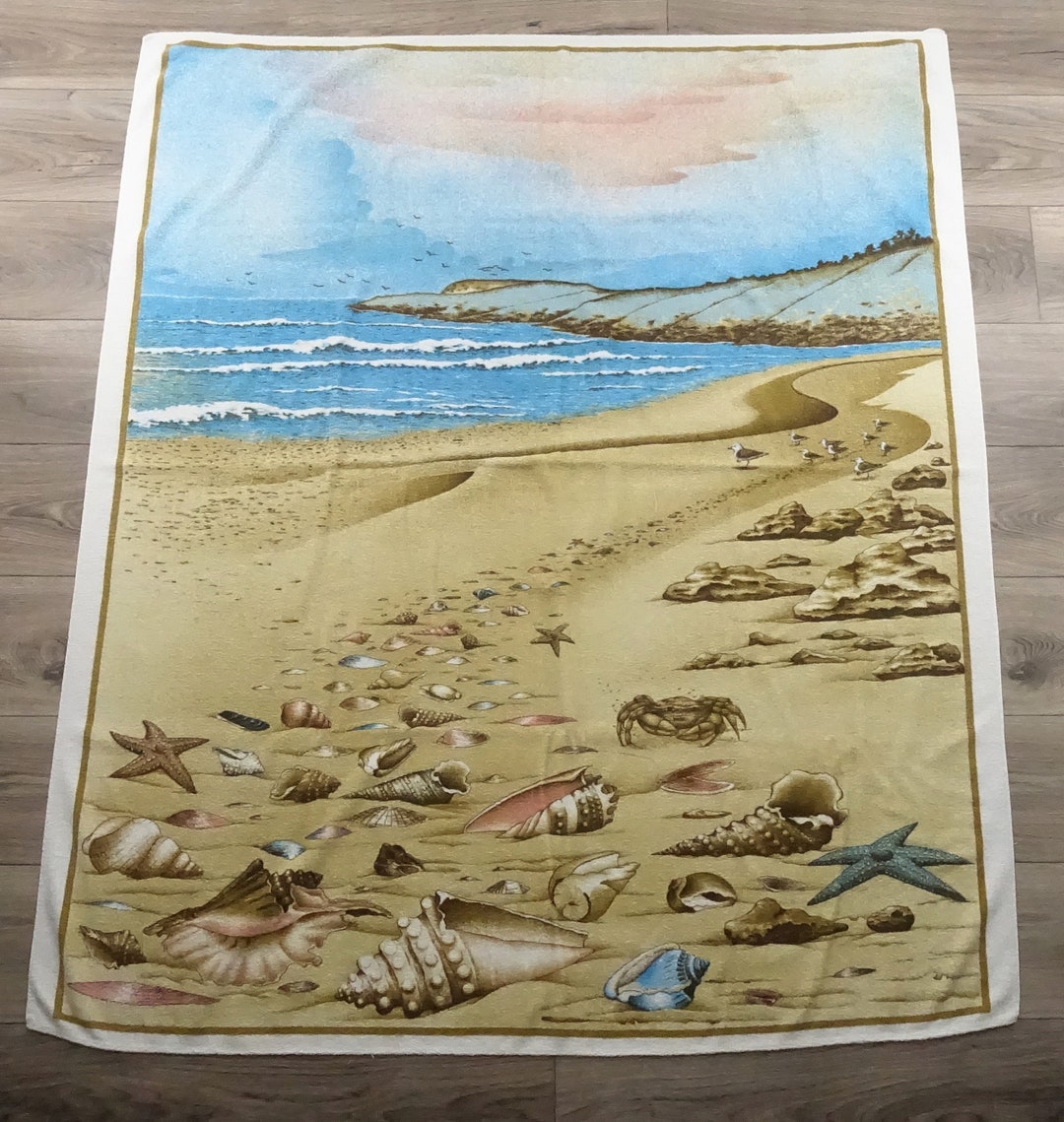 Ocean Scene Beach Towel Vintage Bath Sheet Sand Seagulls Seashells 60 X ...
