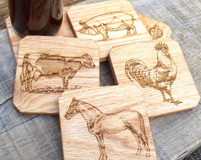 Oak Wooden Farm Animal Coasters Set of 4 - Etsy