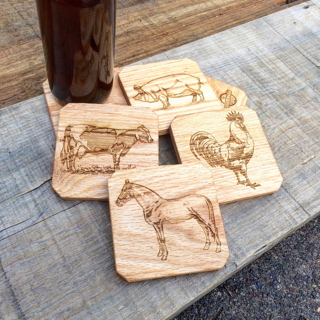 Oak Wooden Farm Animal Coasters Set of 4 - Etsy