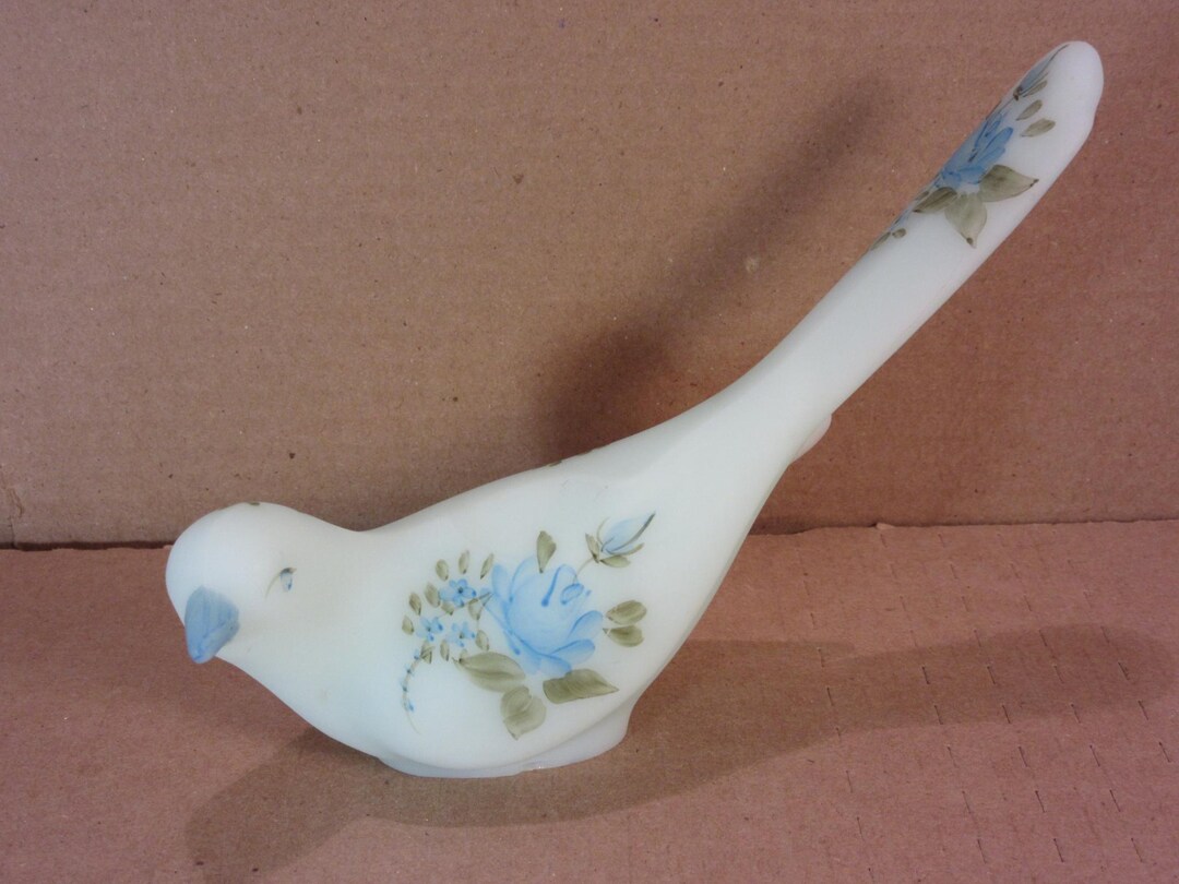 Vintage Fenton Bird Figurine, Light Blue Satin Glass Hand Painted - Etsy