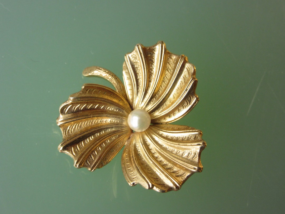 Vintage 60s Germany Grosse Brooch With Pearl, Three Leaf Clover ...
