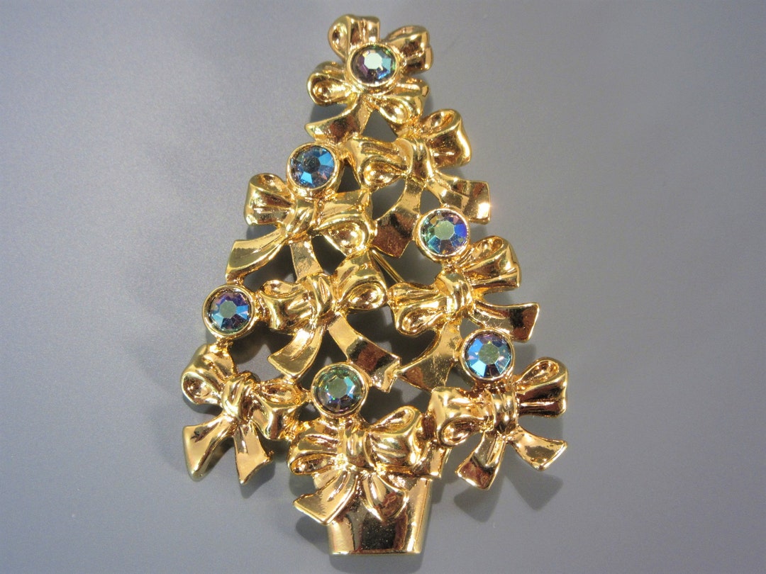Avon Christmas Tree Brooch, Bows and Rhinestones - Etsy