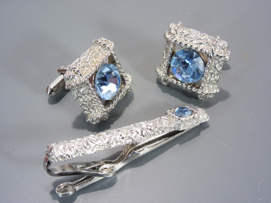 Vintage Swank Cufflinks and Tie Bar Clip Set, Silvertone Light Blue ...