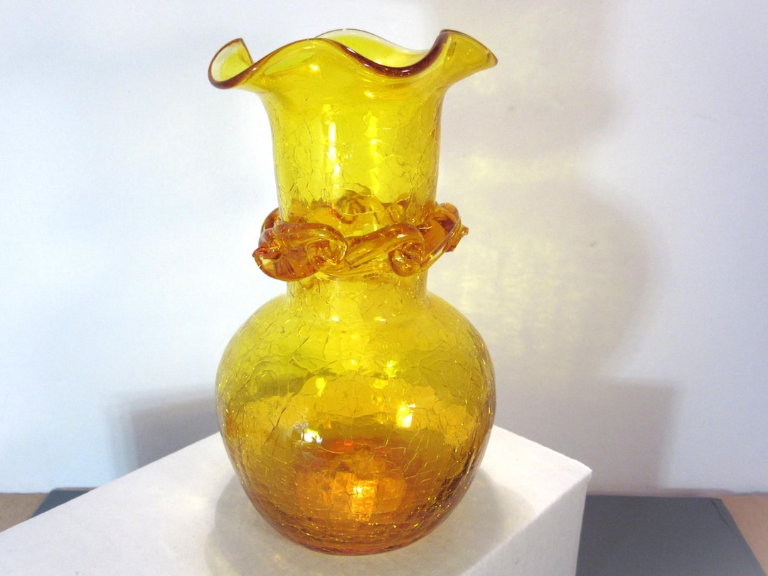 Vintage Golden Yellow Crackle Glass Vase - Etsy