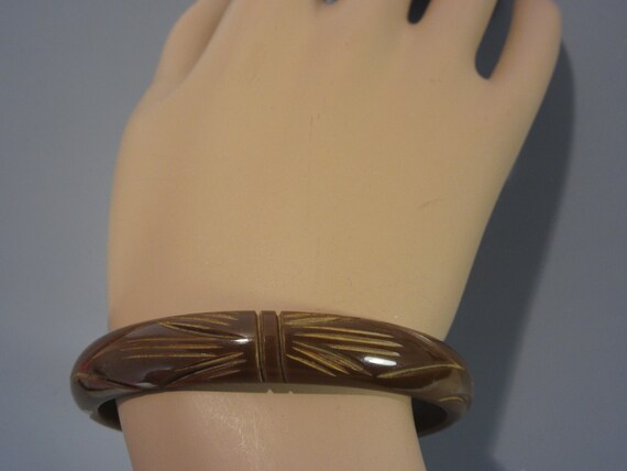 Antique Hand Carved Bakelite Bangle Vintage Art Deco - Gem